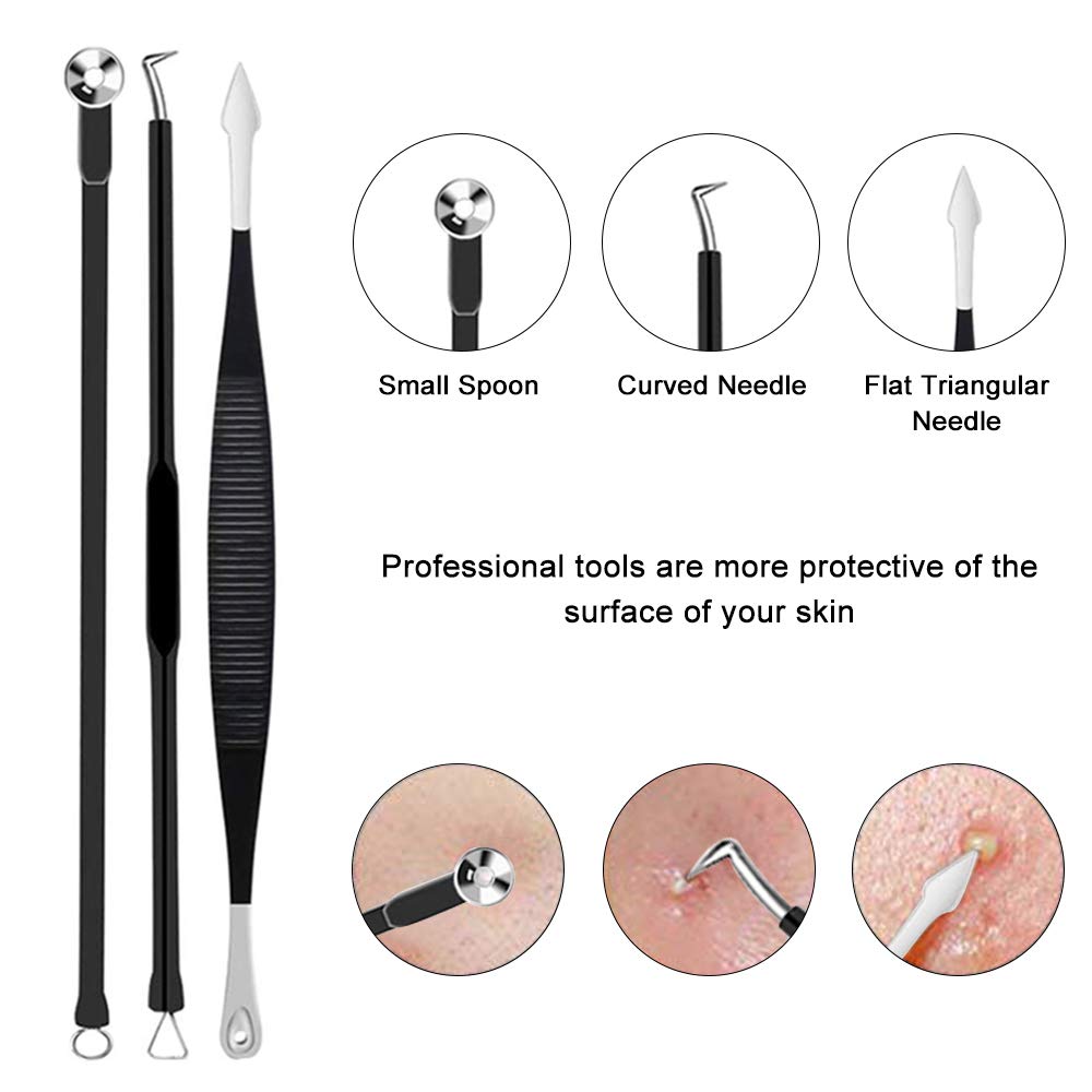 Pimple Popper Tool Kit, Aooeou 10 Pcs Professional Blackhead Extractor with Metal Case - Easy Removal for Pimples, Blackheads, Zit Removing, Forehead and Nose(Black)