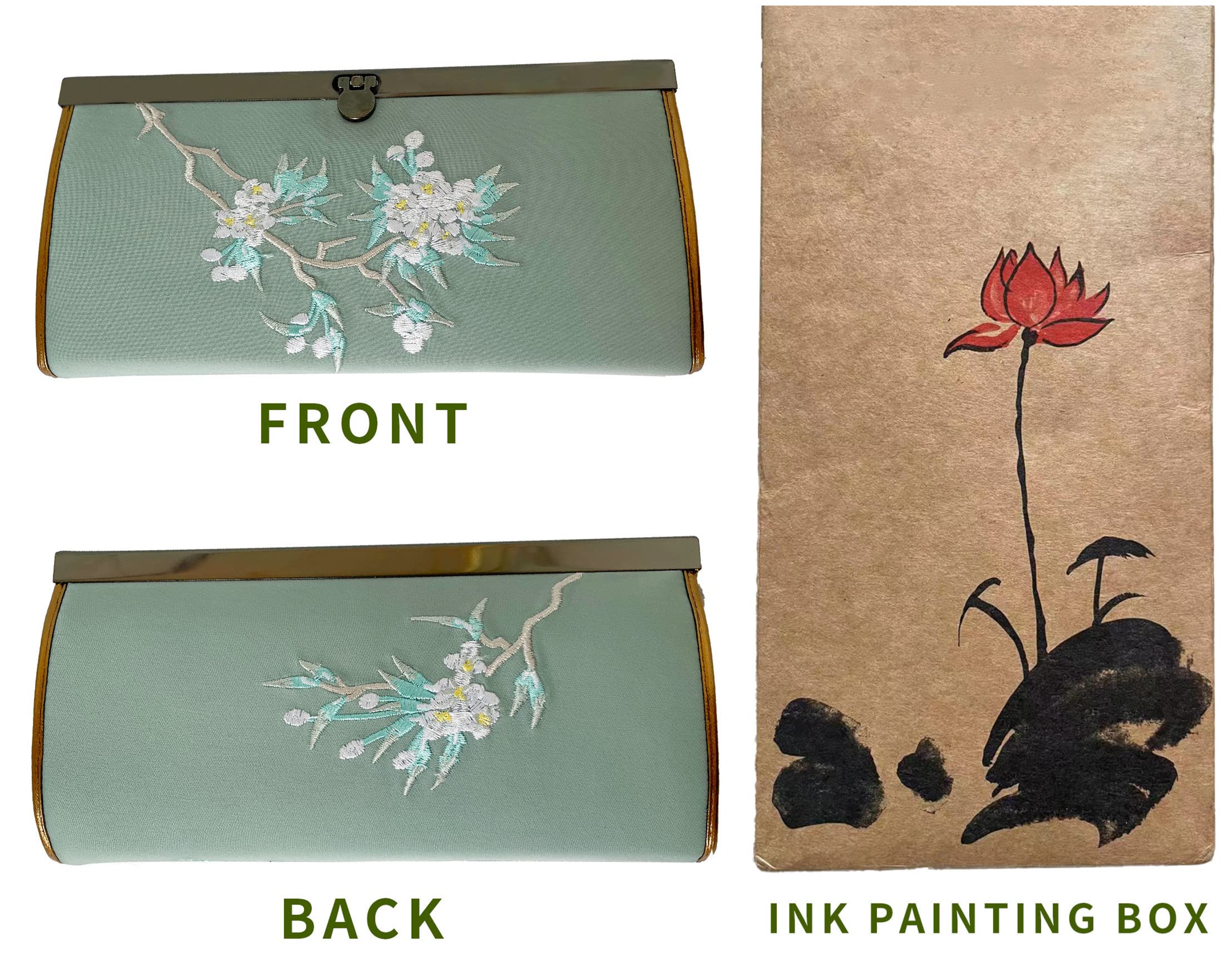 AININTON Matcha Green Embroidered Wallet Double-Sided Embroidery Pear Pattern Purse Long Wallet for Women