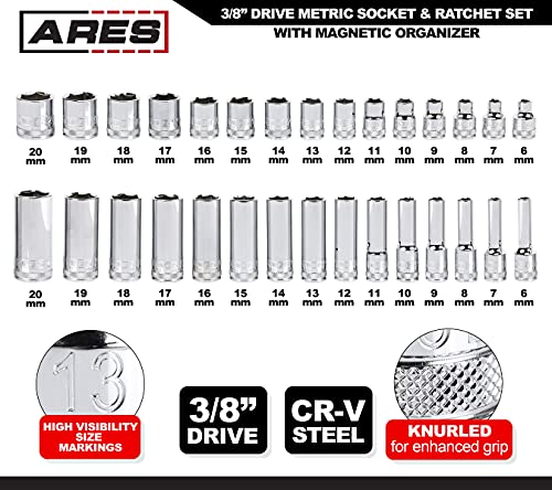 ARES 47004-32-Piece 3/8-inch Drive Metric Socket and 90-Tooth Ratchet Set with Magnetic Organizer - Sizes 6mm to 20mm Deep and Shallow Sockets