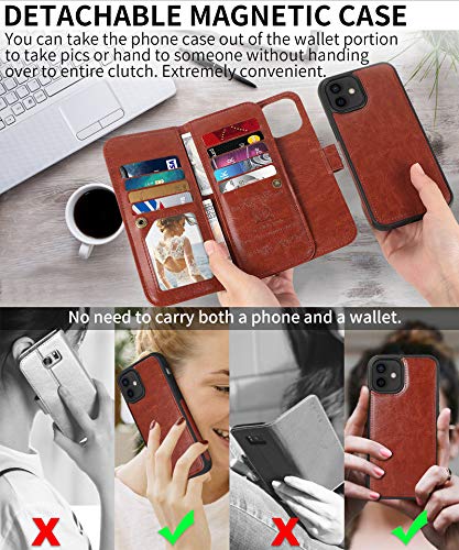 CASEOWL Wallet Case Compatible for iPhone 12/12 Pro, Magnetic Detachable Slim Case with 9 Card Slots, Hand Strap,Compatible for iPhone 12/12 Pro 6.1 inch 2020, 2 in 1 Folio Leather Wallet Case(Brown)