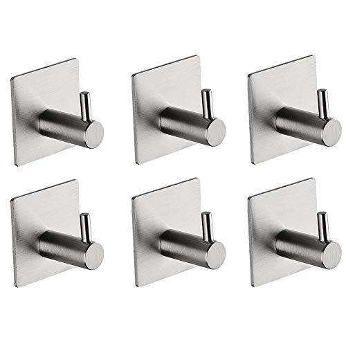 OUKALU Adhesive Wall Hooks Hanger 20 lb(Max) Heavy Duty Wall Hanger Hooks Stainless Steel Waterproof Stick on Hooks for Hanging (6 Pack)