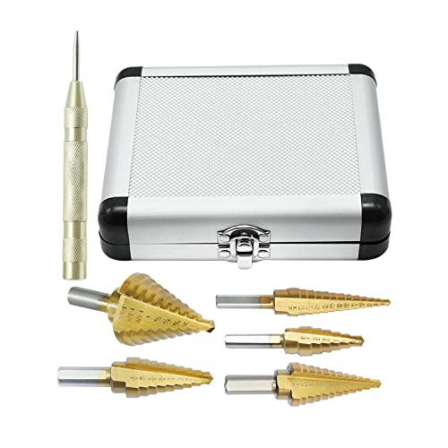Arkdeffon Step Drill Bit Set & Automatic Center Punch,Titanium Coated, Double Cutting Blades, 5pcs Hss Multiple Hole 50 Sizes (1/8In-1 3/8In) High-Speed Metal Steel with Aluminum Case