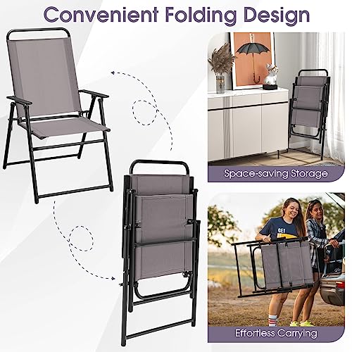 Giantex Patio Chairs Set of 4, Outdoor Folding Chairs with Armrests, Metal Frame, Outside Foldable Dining Chairs for Lawn Deck Porch Beach Yard (Gray & Black)