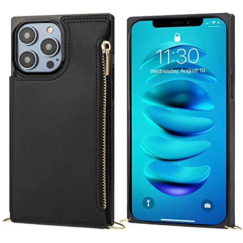 Bocasal Crossbody Wallet Case for iPhone 14 Pro Max with RFID Blocking Card Slot Holder, Magnetic Flip Folio Purse Case, PU Leather Zipper Handbag with Detachable Lanyard Strap 6.7 Inch 5G (Black)