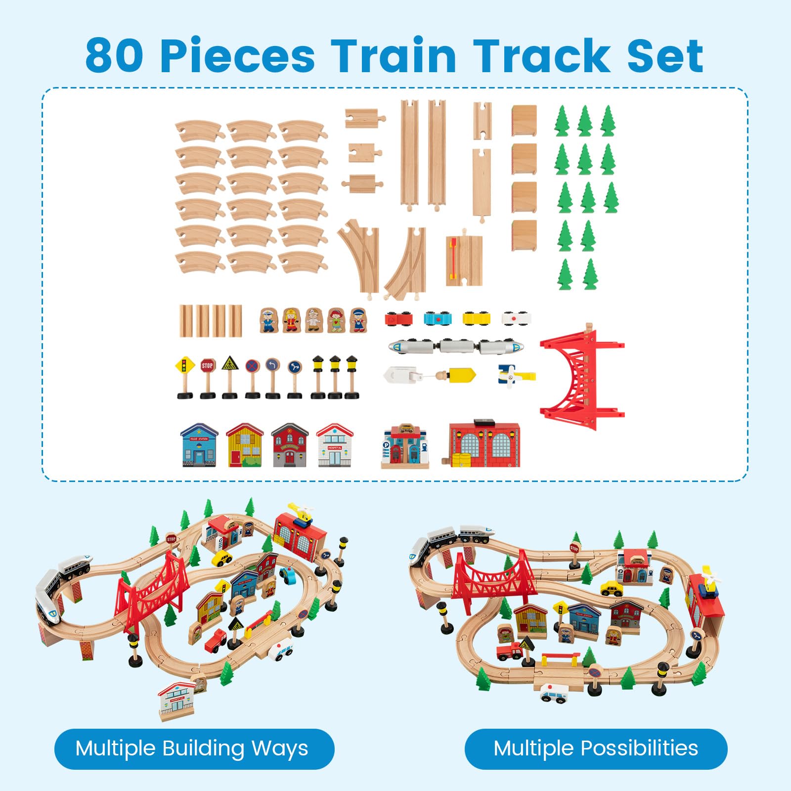 Costzon Train Table with 100 Multicolor Pieces, Wooden Kids Activity Table with Large Rolling Storage Drawer, Tracks, Cars, DIY Design, Train Set Table for Toddlers 3+, Gift for Boys Girls