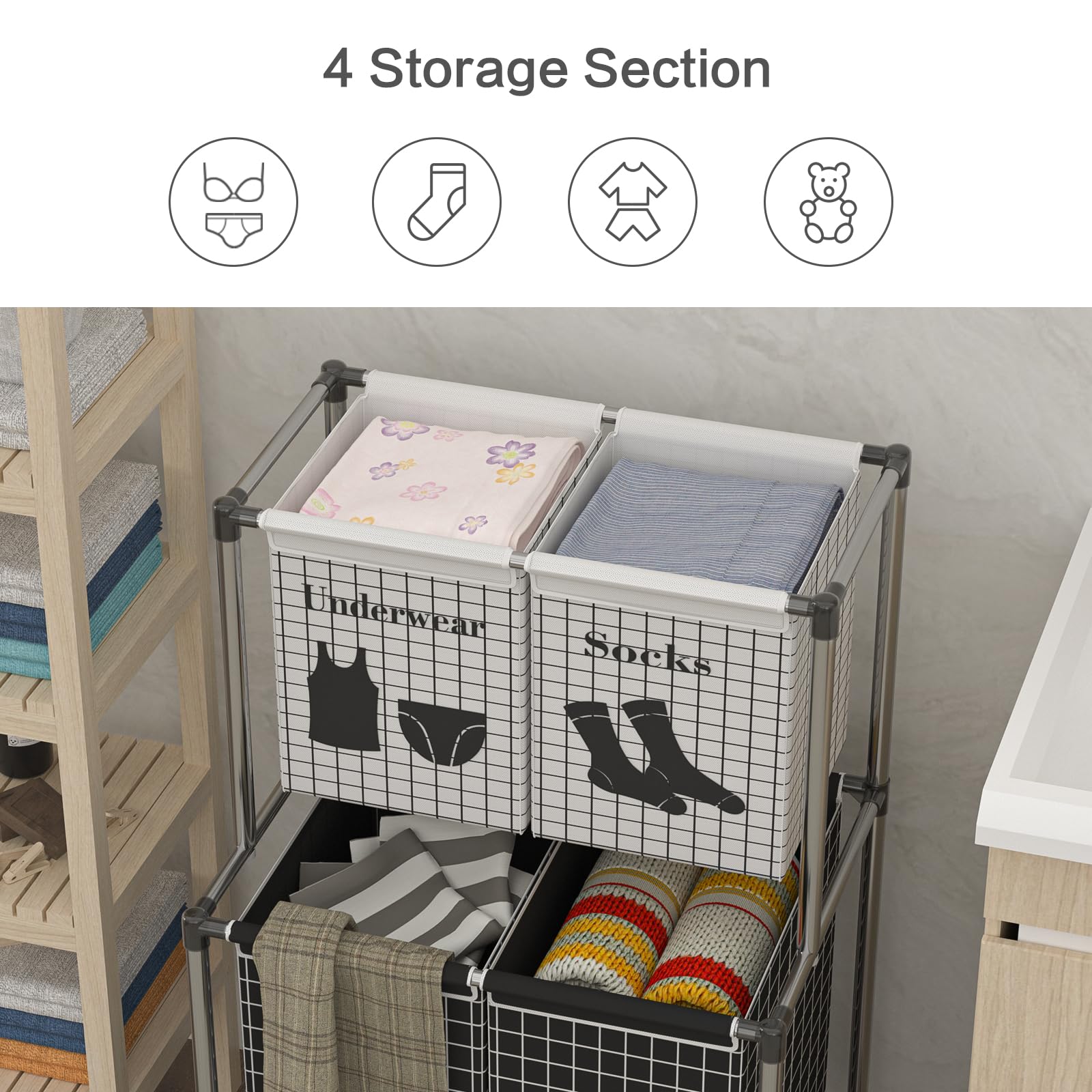 TENNTOU Heavy Duty Laundry Sorter, 4 Sections Laundry Hamper with Lockable Wheels, Rolling Laundry Basket Organizer with Large Capacity and 4 Removable Bags, in Laundry Room, Bathroom, Closet