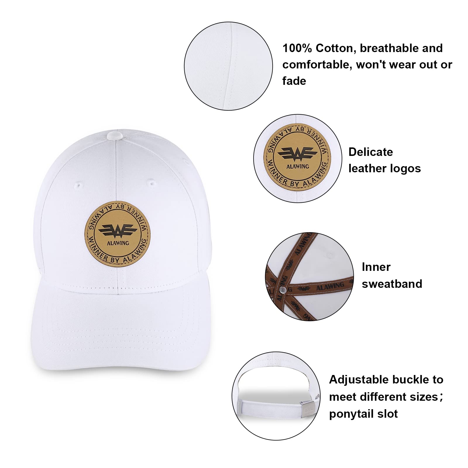 ALAWING Baseball Cap Mens Hats for Women Pure Cotton Washed Ball Caps Summer Sun Dad Hat Unisex Adjustable (White)