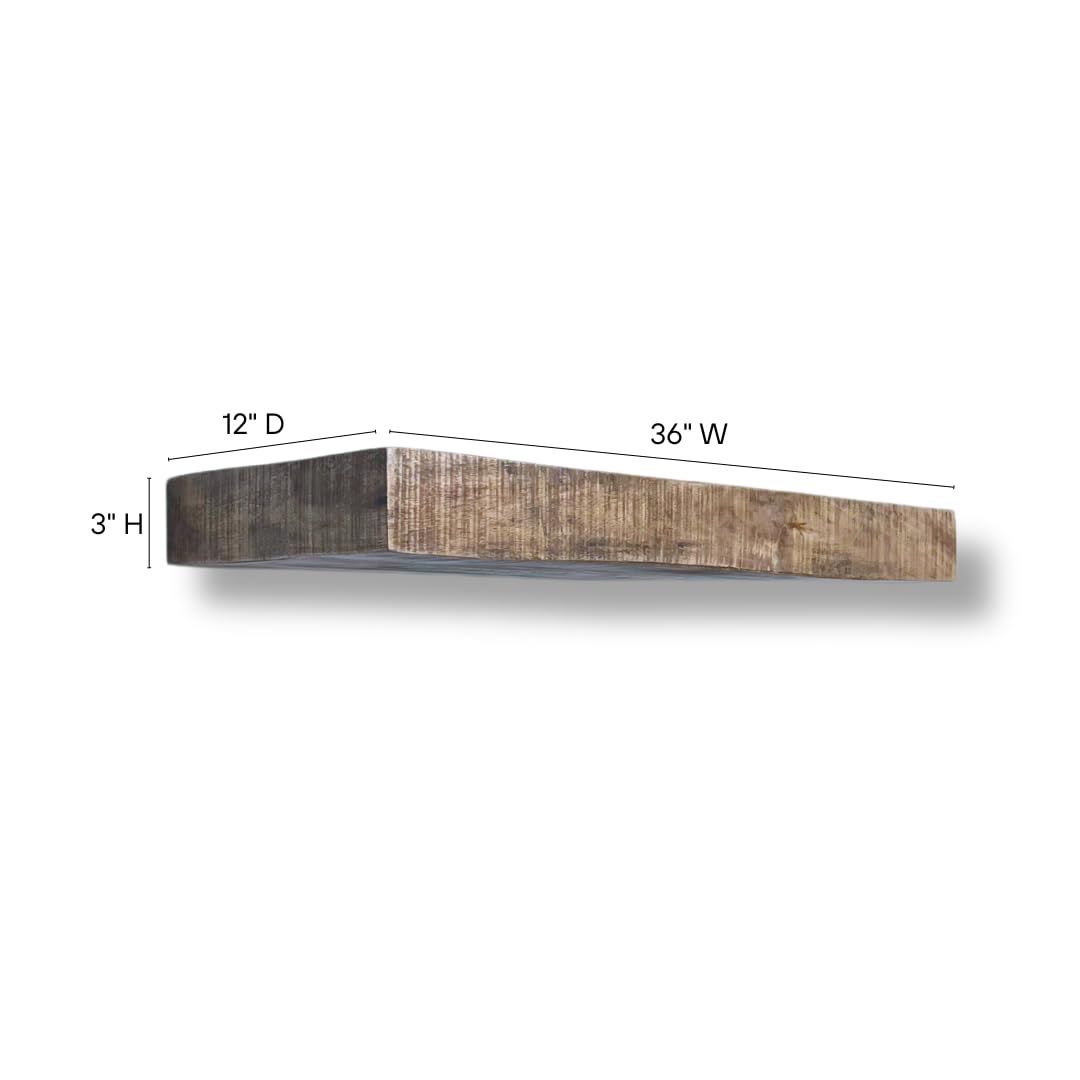 Posh Pollen - Mango Wood Floating Shelf, Hidden Bracket, Heavy Duty, Wall Mounted Shelf, 36Wx12D, Light Wash