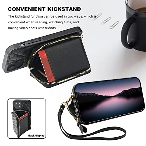 Bocasal Crossbody Wallet Case for iPhone 14, RFID Blocking PU Leather Zipper Handbag Purse Flip Cover, Kickstand Folio Case with Card Slots Holder Wrist Strap Lanyard 5G 6.1 Inch (Black)