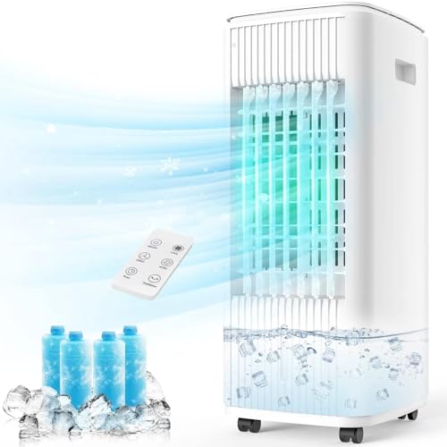 Evaporative Air Cooler, 3-IN-1 Windowless Portable Air Conditioner with Natural/Cooling/Humidifier & 3-Speed, 70° Oscillation & 7 Timer Remote Control, Swamp Cooler w/4 Ice Packs for Home & Kitchen
