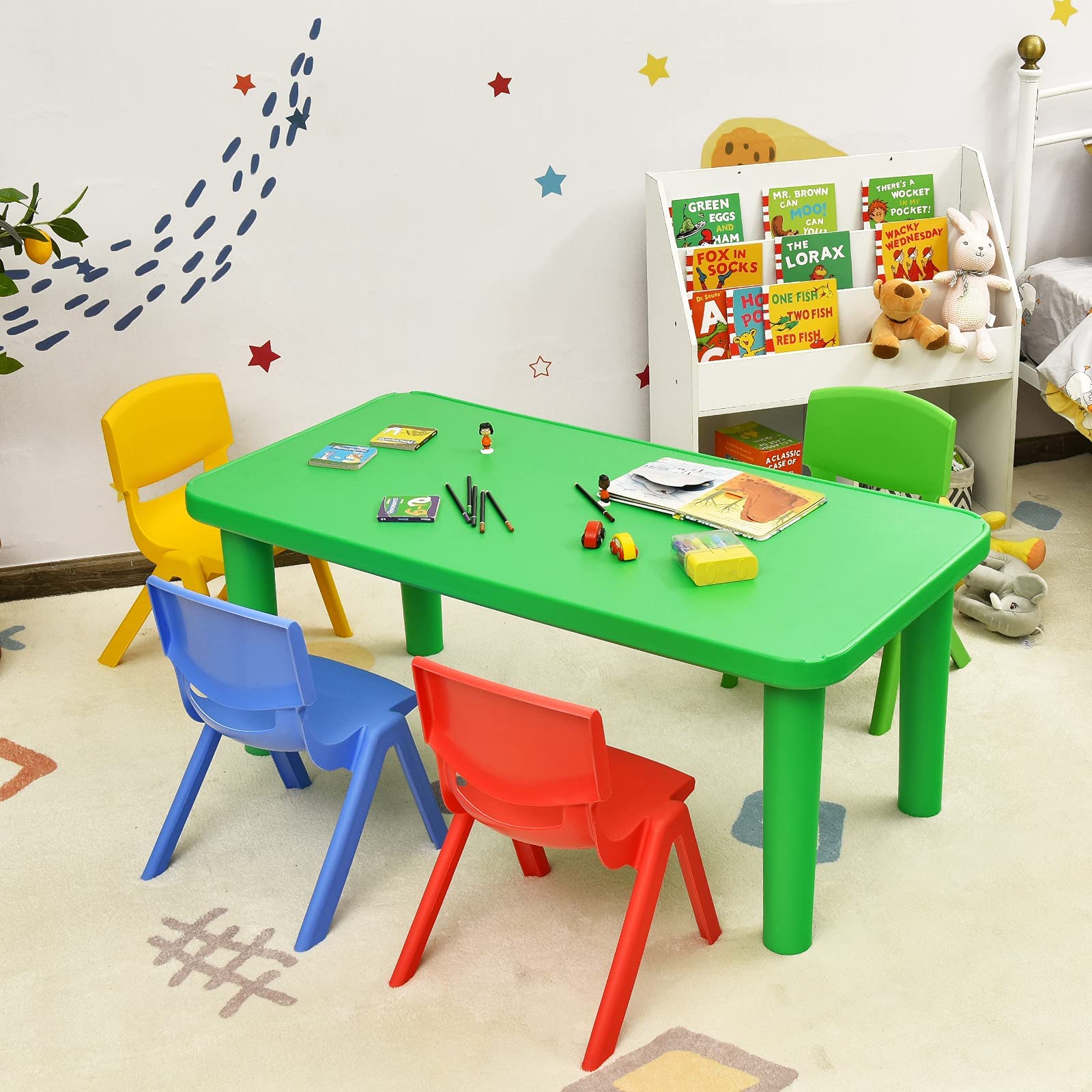 KOTEK Rectangular Kids Activity Table, Lightweight Plastic Table for Art, Craft, Homework, Snack Time, Square Children Table for Playroom, Daycare, Preschool (Green)