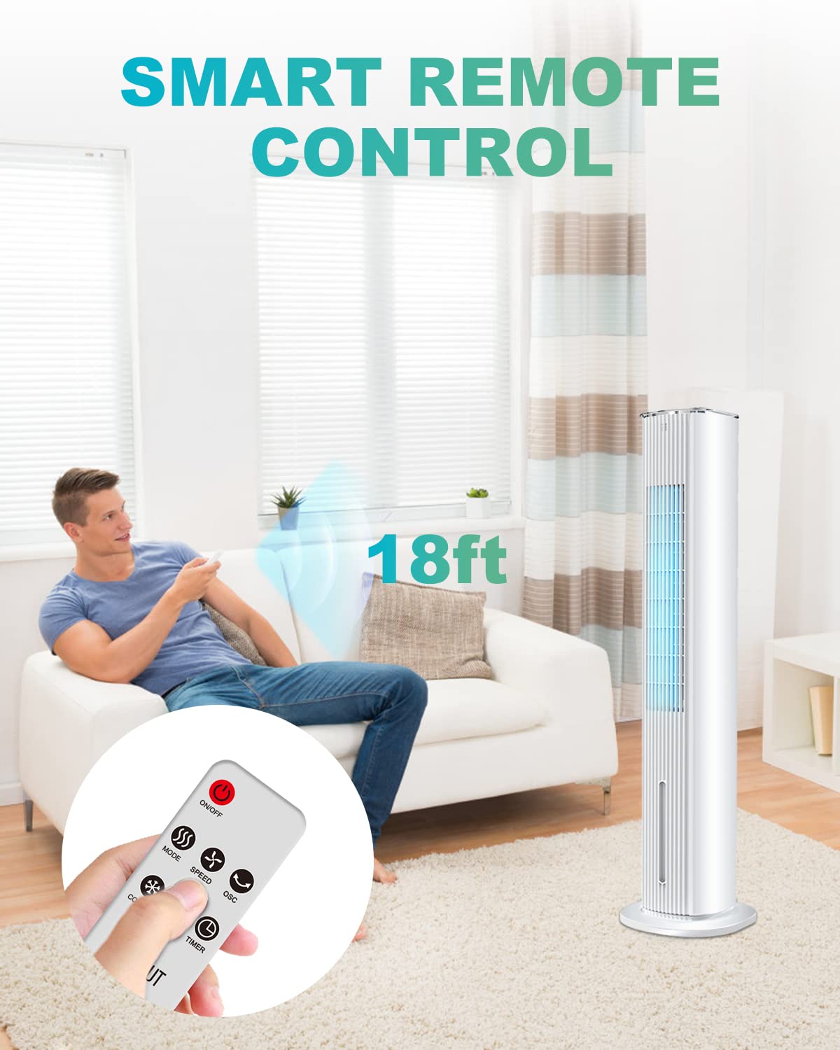 Evaporative Air Cooler Portable Cooling Fan, Cool with 3 Speeds, 12H Timer Evaporative Cooler, Bladeless Fan Ice Boxes Contained, Remote Control Tower Fan for Large Room Office