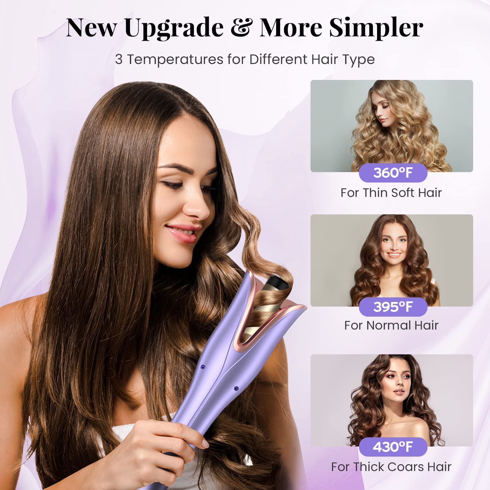 Automatic Curling Iron, Curling Iron with Adjustable 3 Temps & 3 Timer Settings, Auto Shut-Off, Anti-Scald Auto Hair Curler with Spin Iron Fast Heating Styling Tools & Appliances