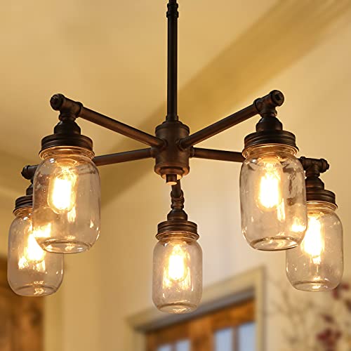 LNC A03480 Farmhouse Chandelier, Mason Jar Lights, Medium Dining Room Pendant in Brushed Dark Silver Metal for Kitchen Island,Black Silver Brushed