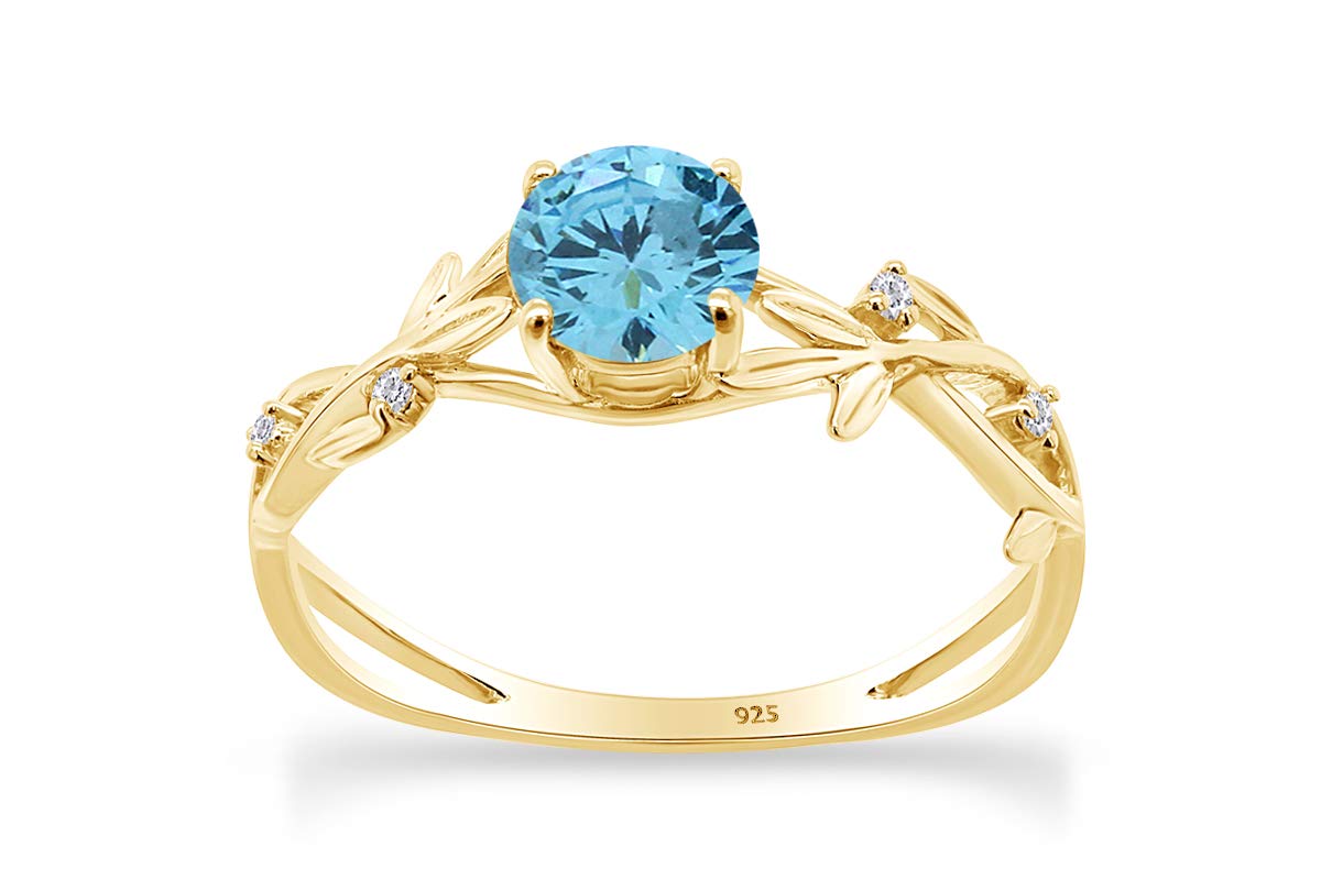 AFFY 6MM Round Cut Simulated Aquamarine & White Cubic Zirconia Floral Ring 14k Yellow Gold Over Sterling Silver Ring Size-8.5