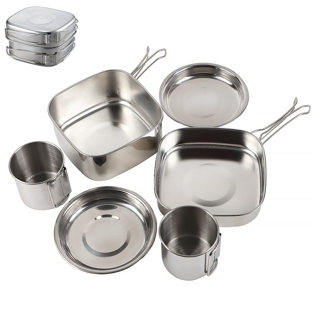 6pcs Portable Camping Cookware Mess Kit for Camping 2 Person Stainless Steel Compact Camping Cooking Set Lightweight Backpacking Cook Set for Camping&Hiking