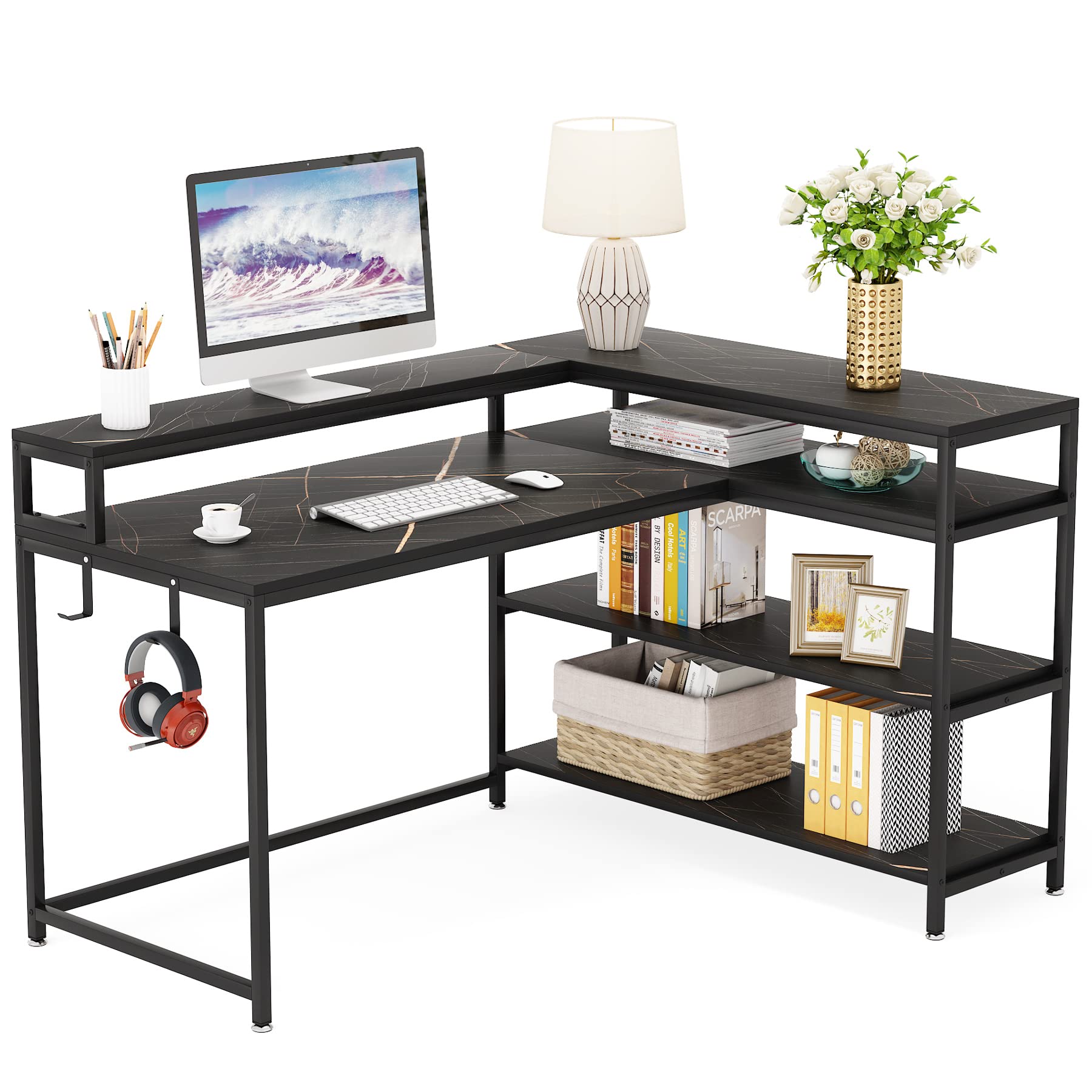 Tribesigns 53 Inch Reversible L Shaped Desk with Storage Shelf, Modern Black Marble Corner Desk with Shelves and Monitor Stand, Gaming Desk for Home Office (53" D x 41" W)