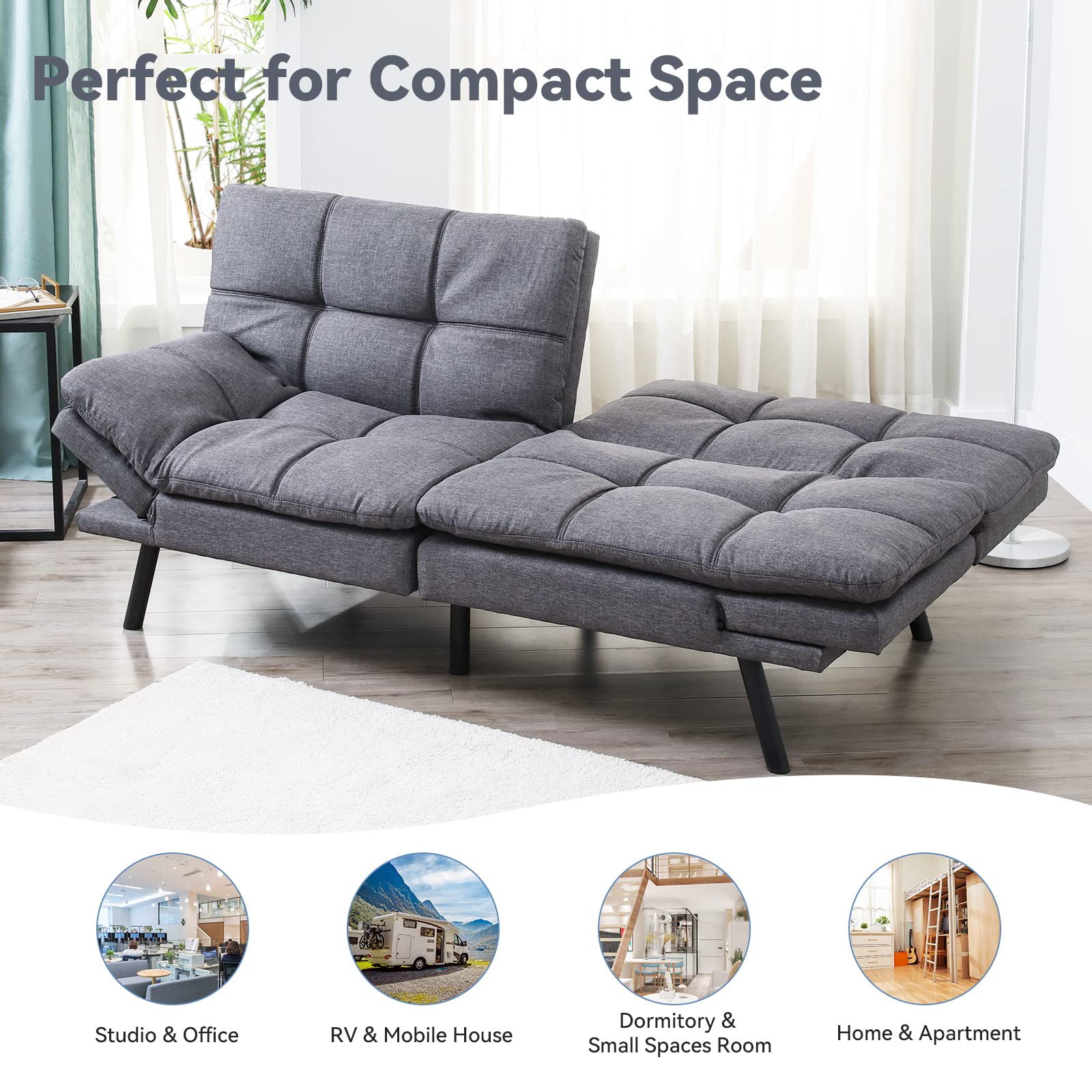 Hcore Convertible Futon Sofa Couch Bed,Futon Couch Bed,Memory Foam Futon Sleeper Sofa,Loveseat Sofa Bed,Small Splitback Polyester Modern Sofa for Living Room,Office,Apartment,Grey
