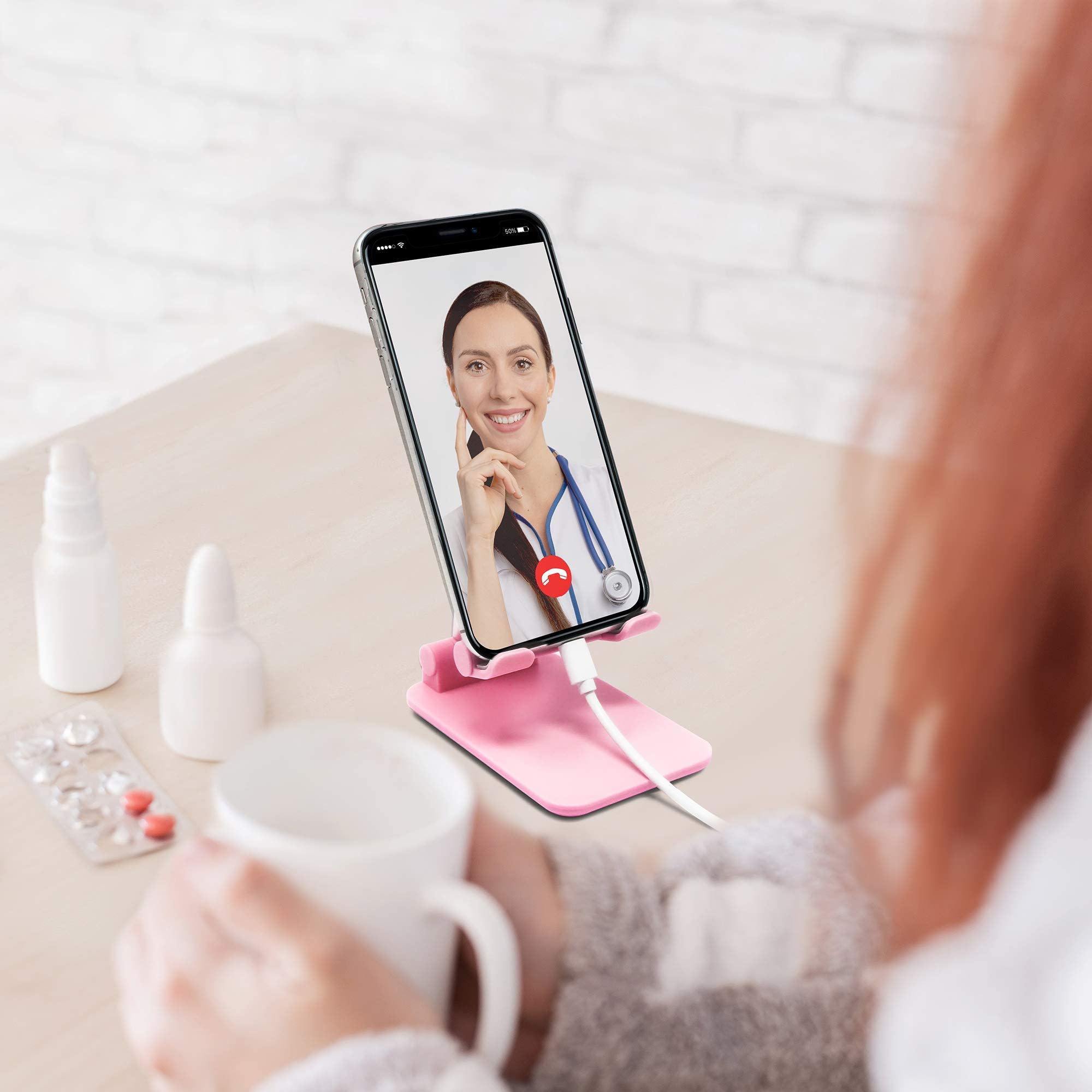 Aduro U-Rise Phone Stand Holder, Foldable & Portable Height Adjustable Cell Phone Holder Universal Cell Phone Stand for Desk Pink
