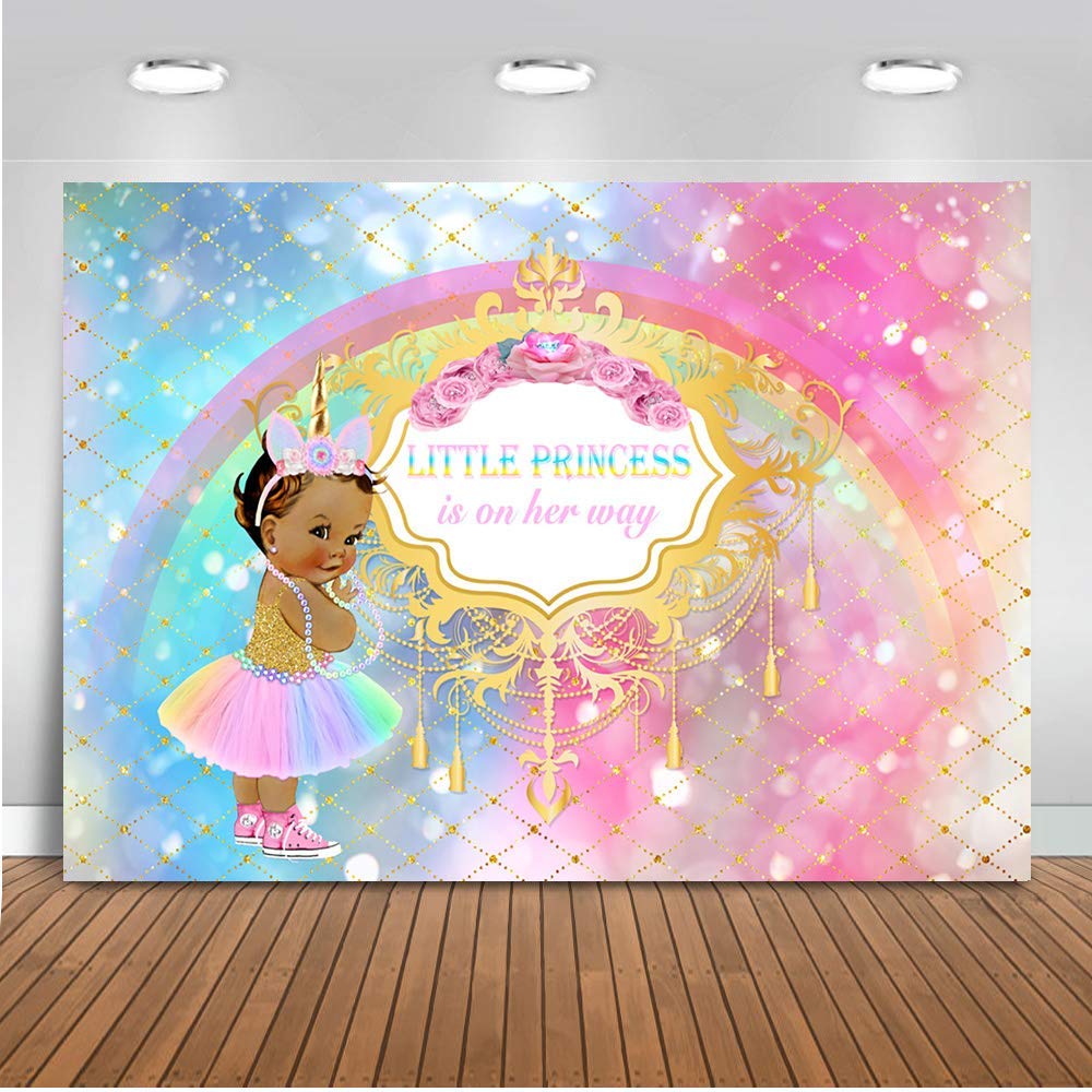Mocsicka Unicorn Baby Shower Backdrop Princess Rainbow Sparkle Photography Background 7x5ft Vinyl African American Girl Party Backdrops Banner Decoration