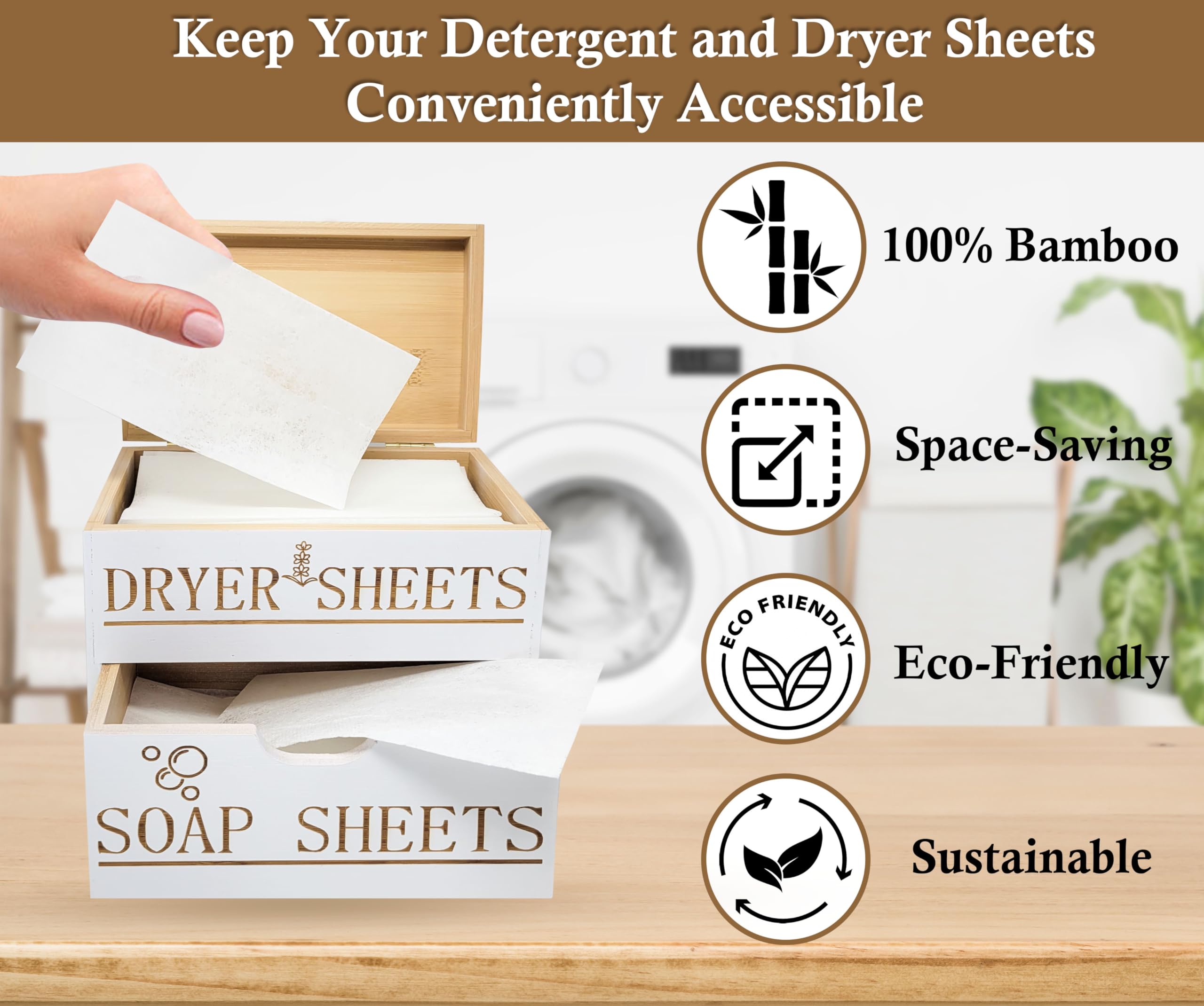 ALLNEY HOME Wood Box Dryer Sheet Holder and Detergent Dispenser drawer, Natural Wood and Sustainable Storage Box, Rustic White Farmhouse Finish, Large Capacity Laundry Room Organizer