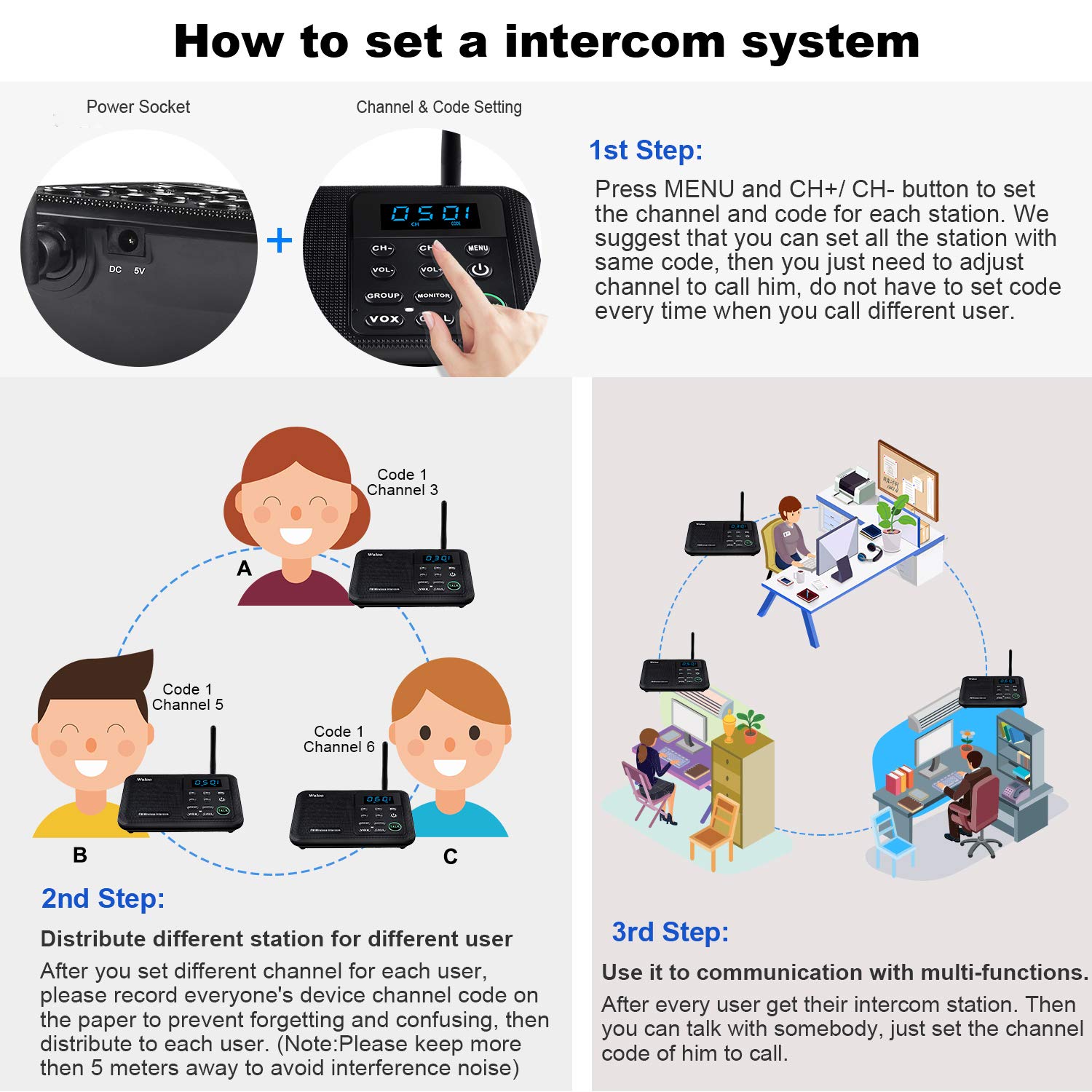 Wuloo Intercoms Wireless for Home 1 Mile Range 22 Channel 100 Digital Code Display Screen, Wireless Intercom System for Home House Business Office, Room to Room Intercom Communication(2Stations,Black)