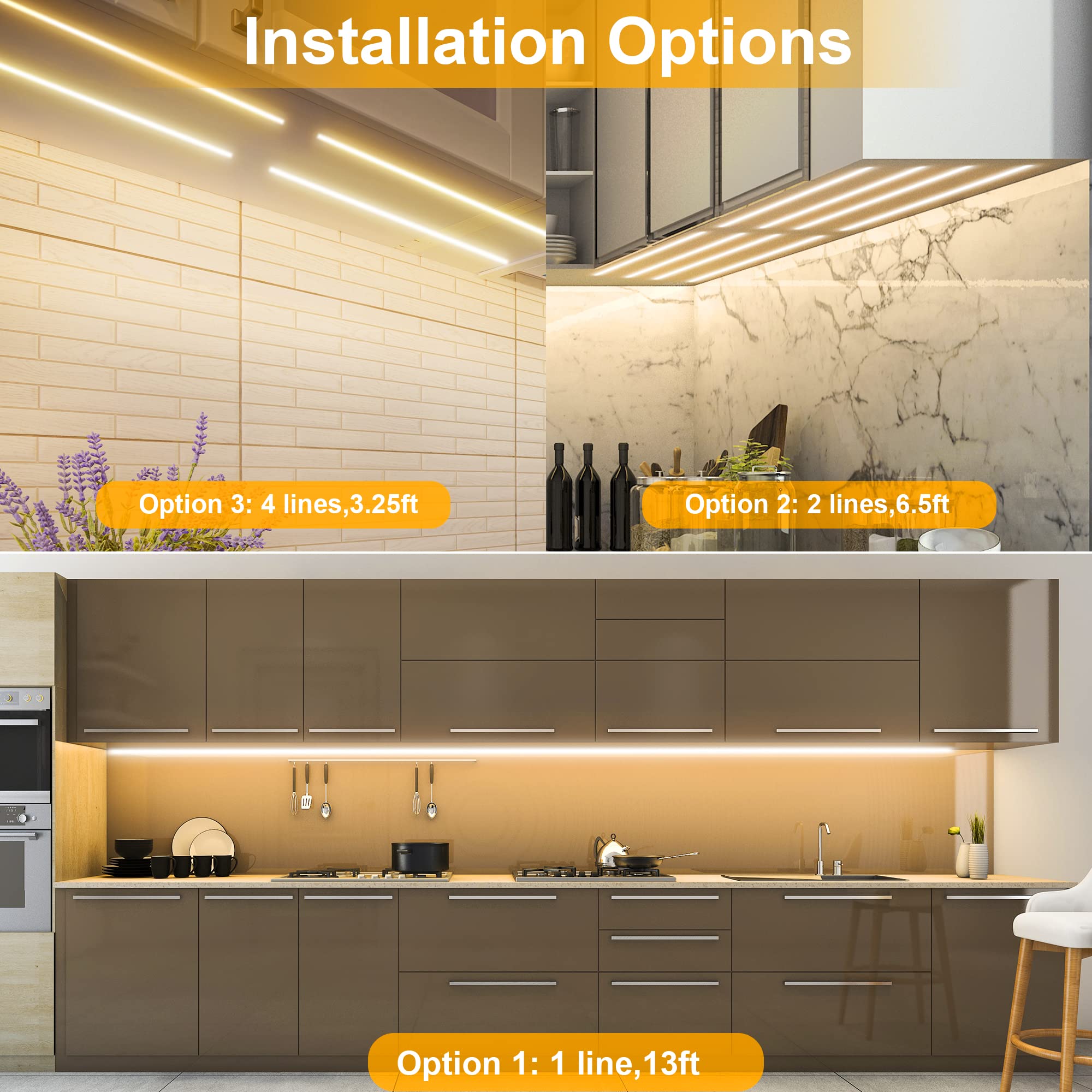 8 PCS Under Cabinet Lights Kit, 2700K Warm White Under Cabinet Lighting, Bright Flexible Pre-cut Led Strip Lights with Remote and Adapter, Dimmable Timing for Kitchen Cabinet, Counter, Shelf, Showcase