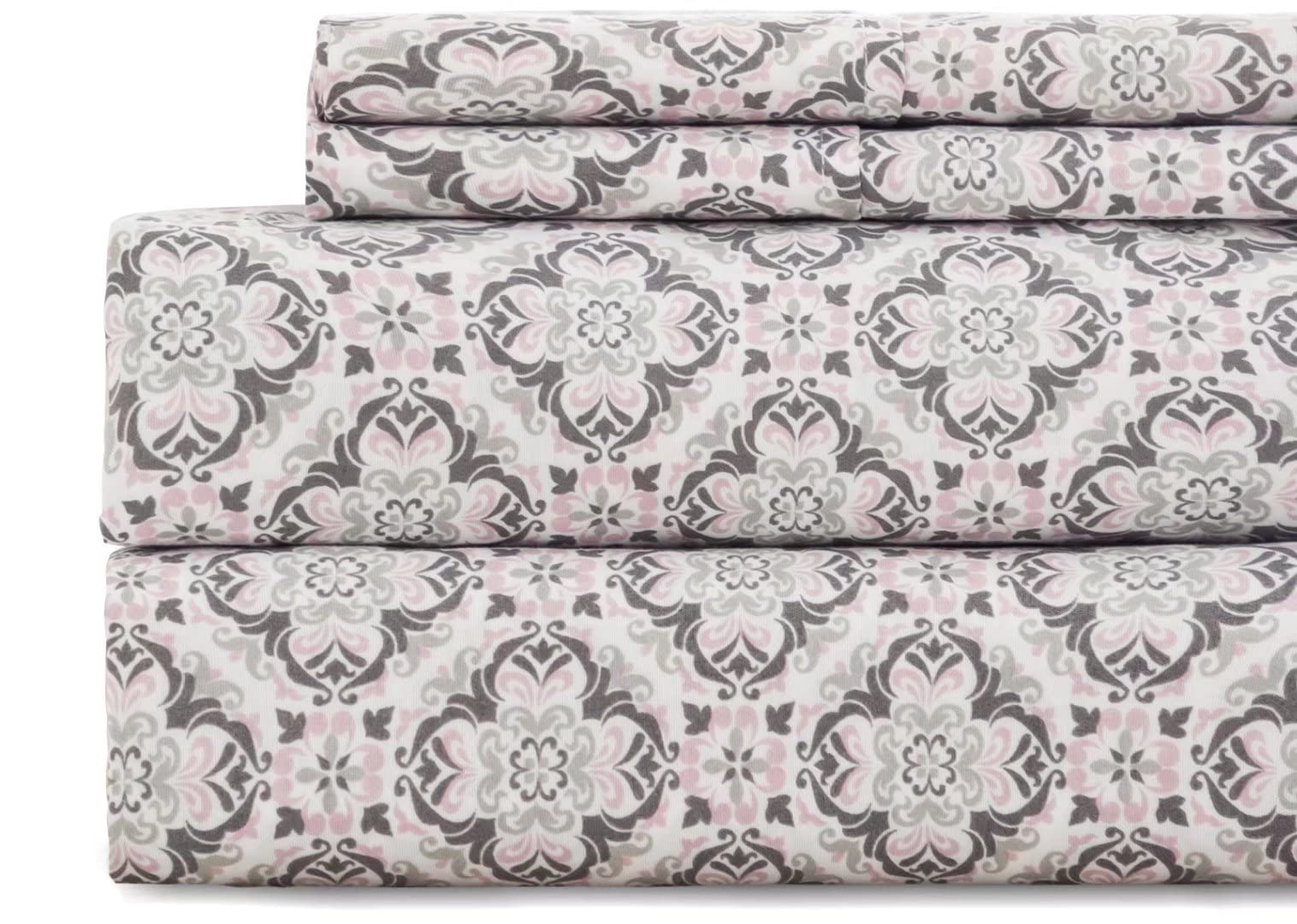 KaceMoo King Sheet Set 4PC Printed Sheets Beige Floral Pattern Boho Sheets Cooling Deep Pocket Microfibe Bed Sheet King Size, Luxury, Soft, Breathable, Hypoallergenic, Wrinkle Free for Kids Room, Dorm