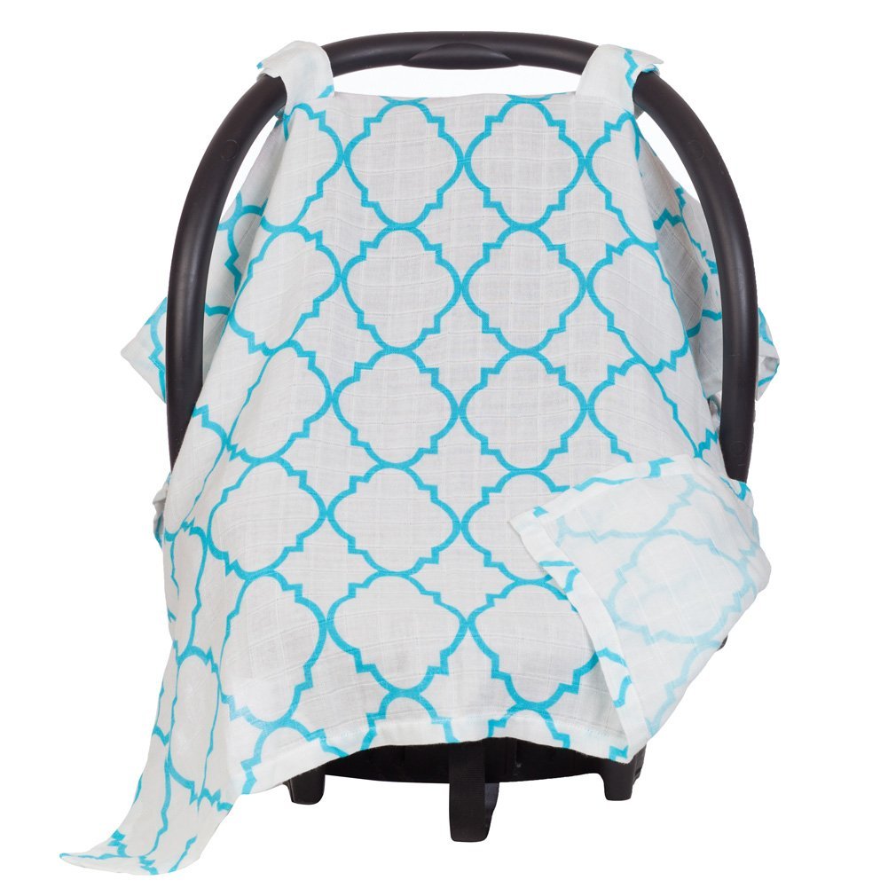 Maddie Moo Car Seat Canopy with Breathable, Muslin for Baby Seats, Blue and White Pattern