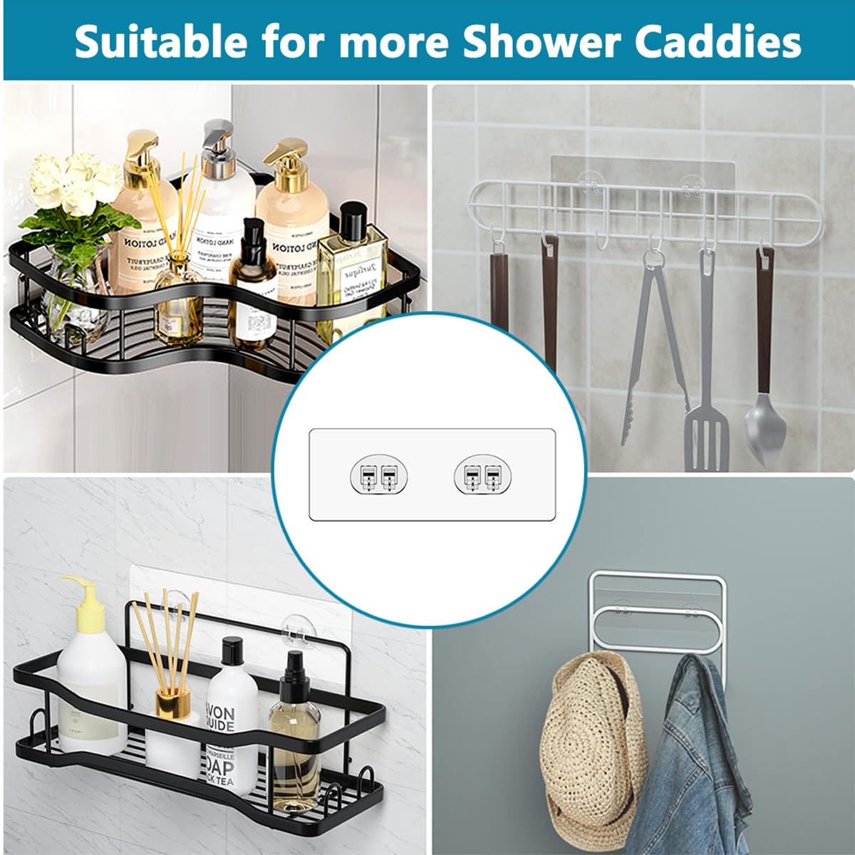 MXMAMK 2-Pcs Shower Caddy Adhesive Replacement, Strong Sticky Heavy-Duty Wall Adhesives Nail Free Transparent Adhesive Pad, Adhesives Hook for Shower Shelf