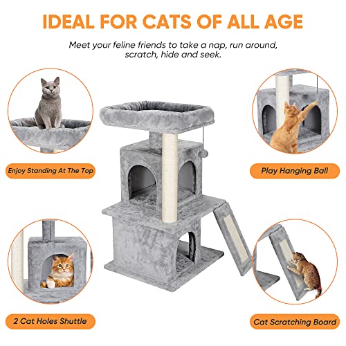 Nova Microdermabrasion Cat Tree, 34 Inches Ultra Soft Plush Covering with Sisal Rope Posts for Scratching, House Furniture for Kittens, Grey