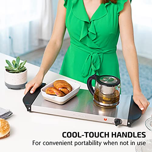 Ovente Electric Warming Tray with Adjustable Temperature Control, Stainless Steel Frame & Cool-Touch Handles, Compact Food Warmer Perfect for Buffets Parties Events Dinners and Holidays, Silver FW170S