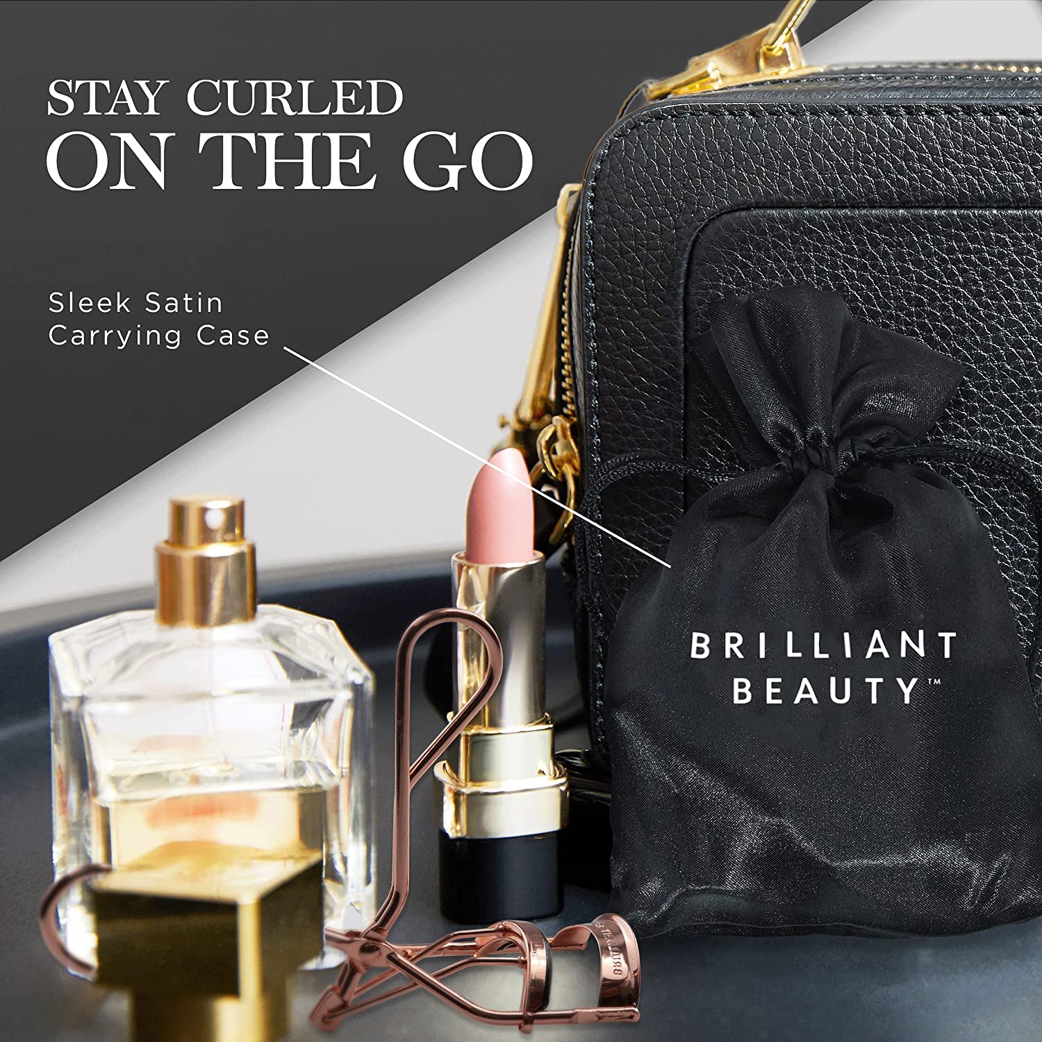 Brilliant Beauty Eyelash Curler with Satin Bag & Refill Pads - Award Winning - No Pinching, Just Dramatically Curled Eyelashes for a Lash Lift in Seconds (Rose Gold)