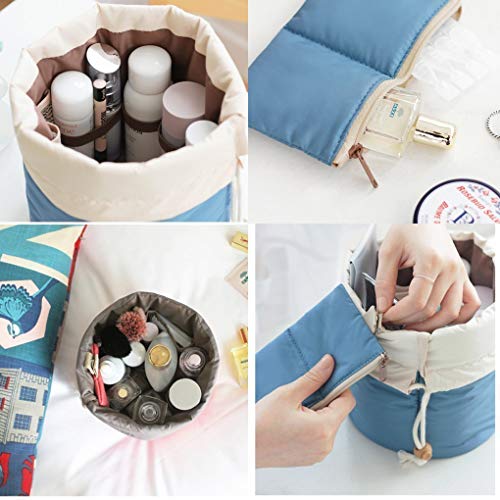 EUOW Travel Cosmetic Bags Barrel Makeup Bag,Women Portable Foldable Cases, Multifunctional Toiletry Bucket Bags Round Organizer Storage Pocket Soft Collapsible(Deepblue)