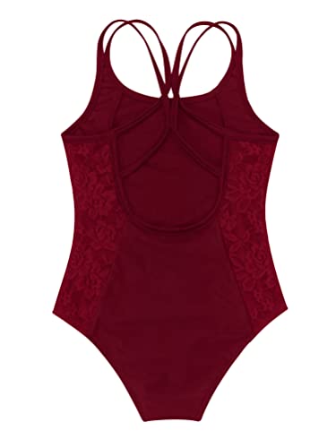 Aislor Kids Girls Ballet Dance Gymnastics Leotards Sleeveless Lace Patchwork Straps Hollow Back Unitard Bodysuit Rompers Burgundy 10 Years