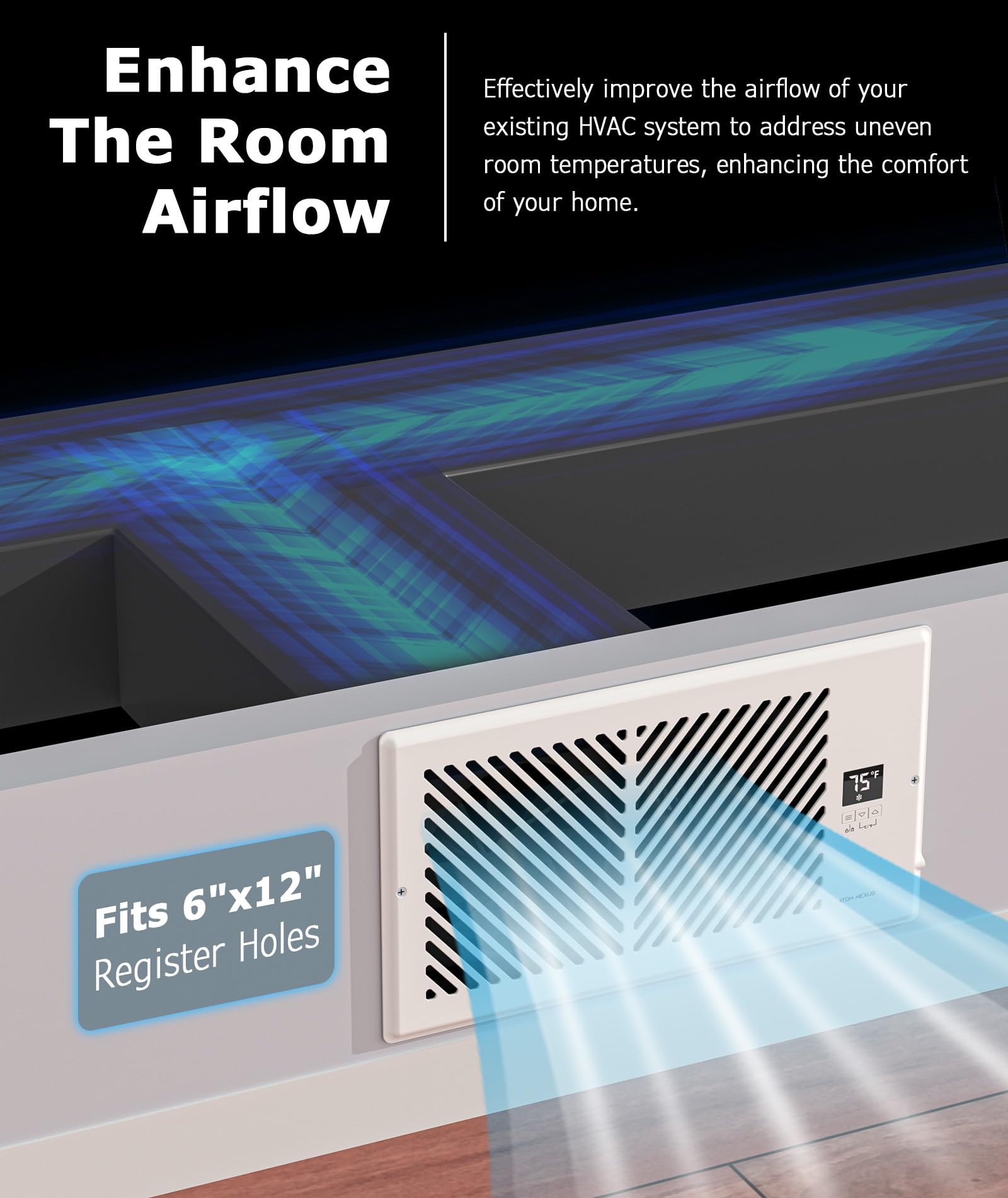 ATOM NEXUS AirBlaze Z6, Quiet Register Booster Fan Fits 6βx12β Register Holes, Smart Vent Booster Fan with Thermostat Control & Remote Control, 10-Speed Control Heating Cooling AC Vent Fan (White)