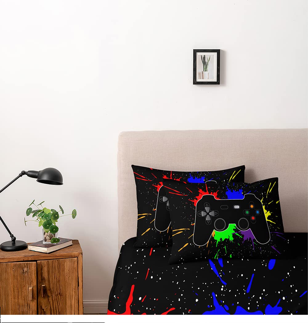 Holiyjog Game Bedding Set for Boys Kids Gamepad Duvet Cover with 2 Pillowcases Gamer Bedroom Decor Black Bed Set 3pcs,Twin Size