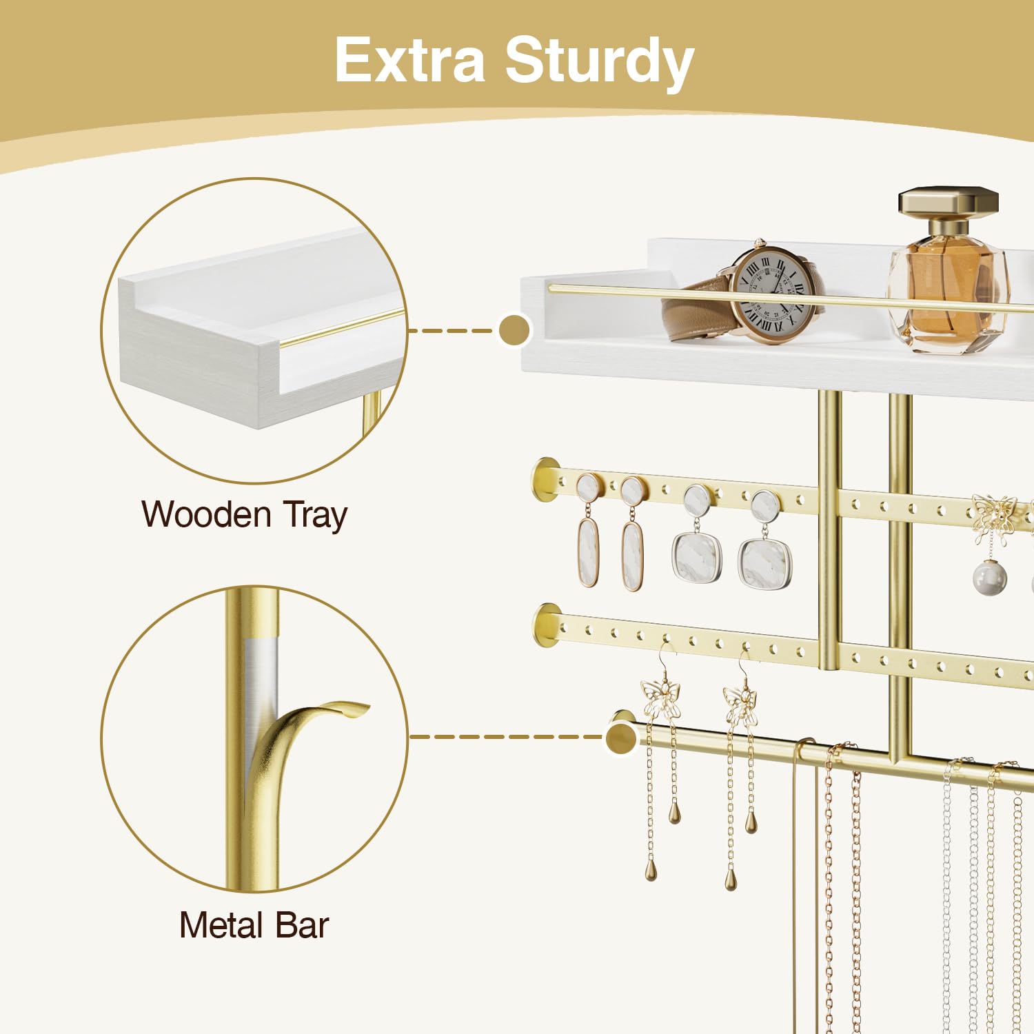 Josmimic Adhesive Wall Jewelry Organizer: 9" Holder for Hanging Necklace, Earring, Bracelet, Gold and White