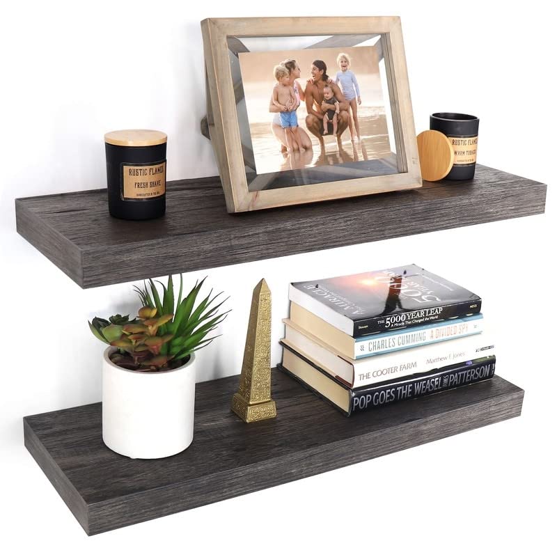 Overstock Designer 24" Floating Wall Shelves, Large Wooden Rack Set of 2 Grey