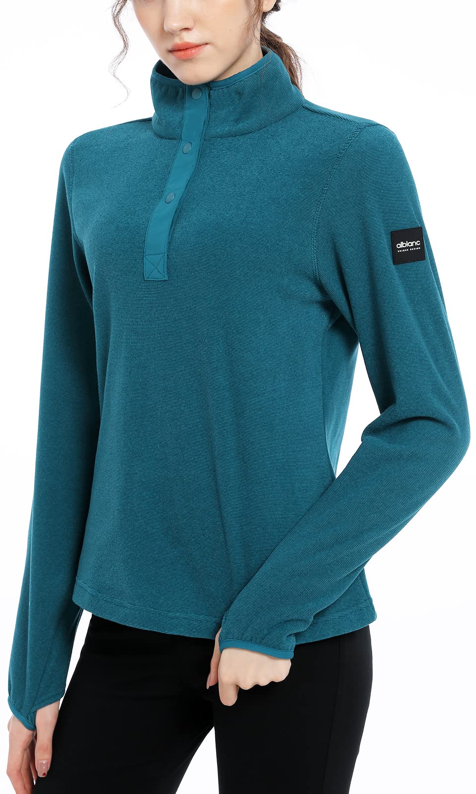 alblanc Fleece Pullover Women,Lightweight Soft Long Sleeve Womens Fall Tops with Thumb Hole,Snap Neck Pullover,Dark cyan L