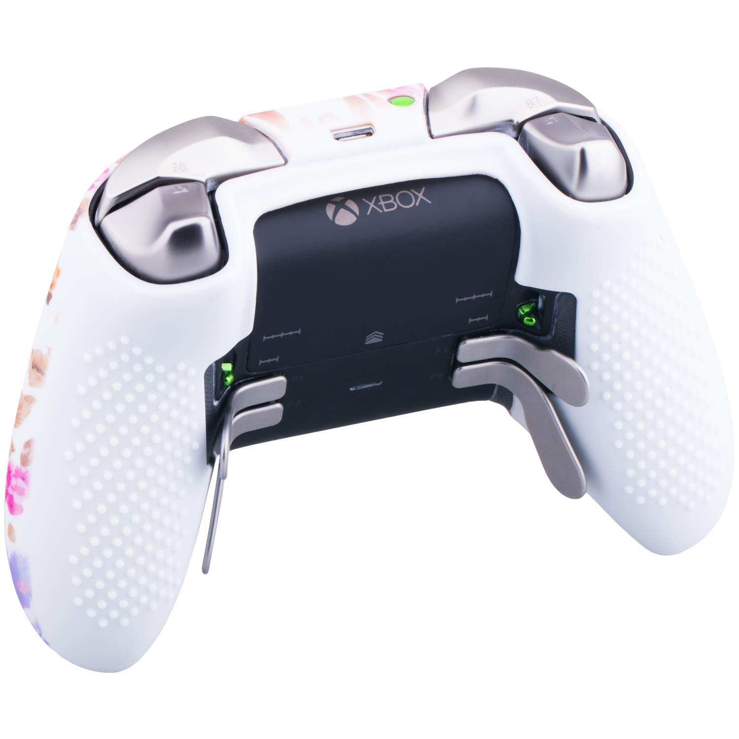 9CDeer 1 x Protective Customize Transfer Print Silicone Cover Skin Pink Flowers + 6 Thumb Grips Analog Caps for Xbox Elite Wireless Controller Compatible with Official Stereo Headset Adapter