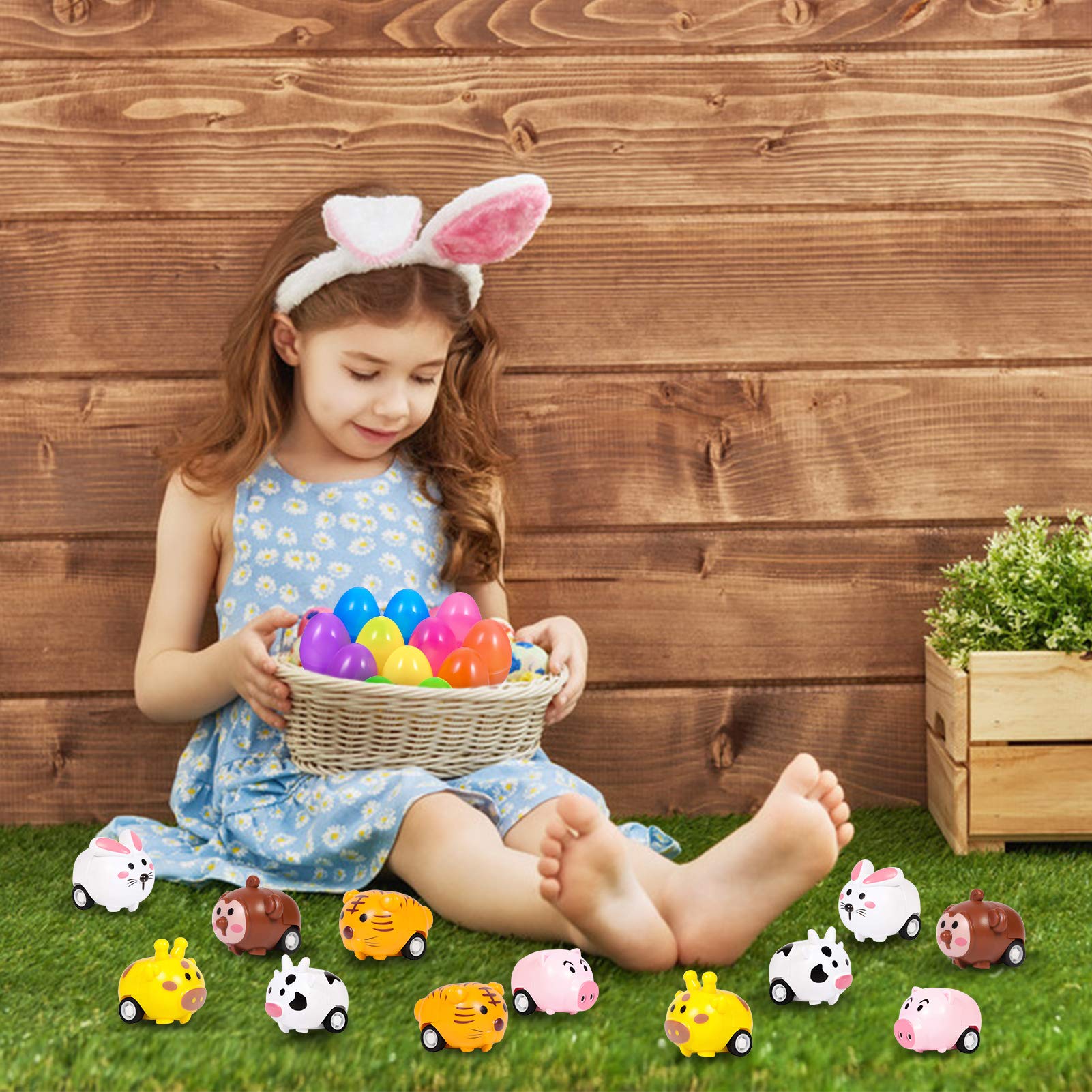 Evoio 12 Pack Easter Eggs Prefilled with Pull Back Cars, Mini Little Vehicles Car Toys for Easter Party Favors, Easter Basket Stuffers, Easter Egg Pinata Fillers, Goodie Bags Fillers, Classroom Prizes