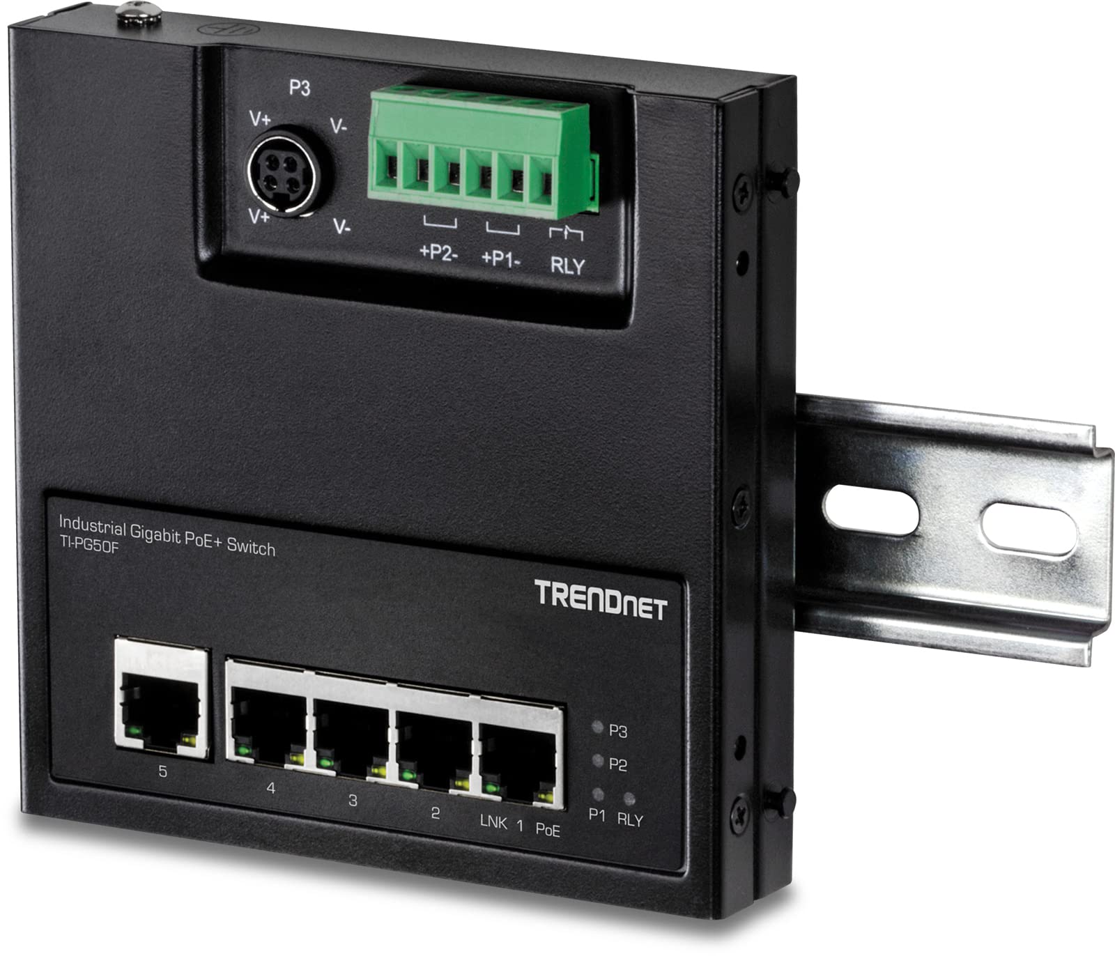 TRENDnet 5-Port Industrial Gigabit Poe+ Wall-Mounted Front Access Switch, 5X Gigabit Poe+ Ports, DIN-Rail Mount, 48 –57V DC Power Input, IP30, 120W Poe Budget,Lifetime Protection, TI-PG50F