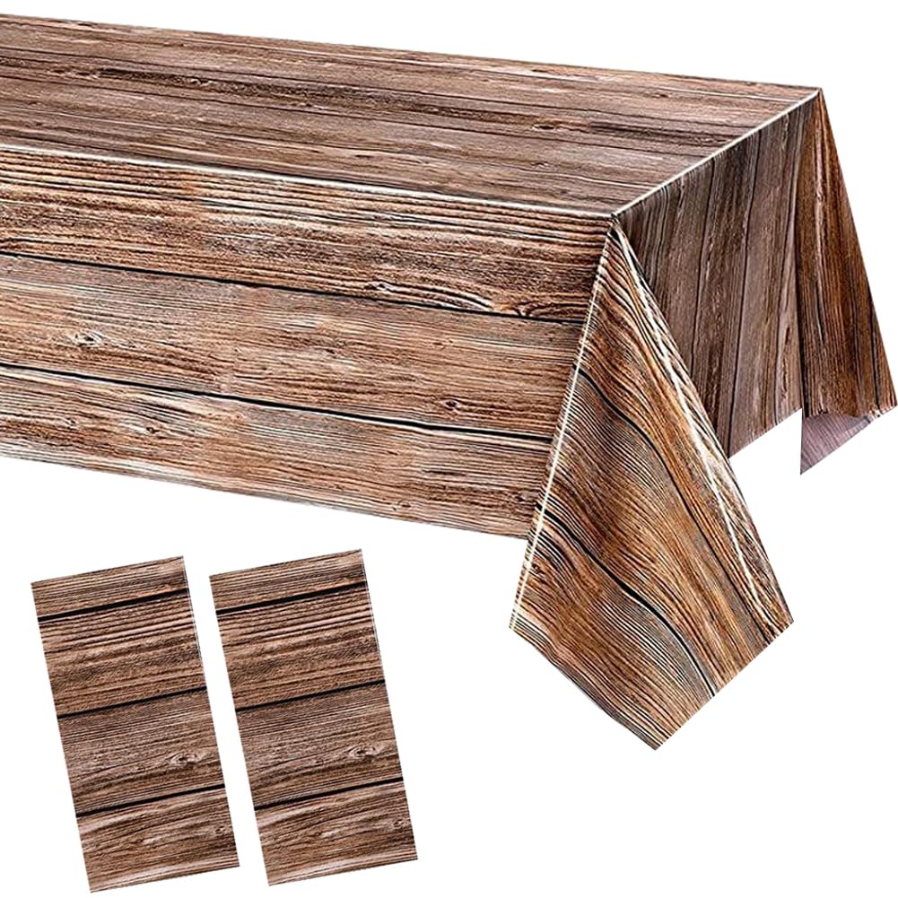 Atoplutly 2 Pack Plastic Tablecloths Plastic Table Covers Disposable Table Cloths BBQ Picnic Birthday Wedding Party Waterproof Tablecloth Wood Grain TableCovers 54 x 108 in