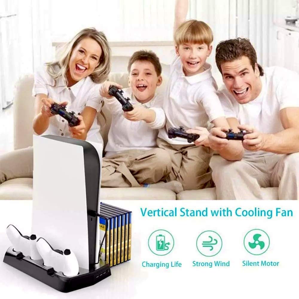 AlbTec Vertical Charging Stand with Cooling Fan compatible with PS5 Console and PlayStation 5 Digital Edition/Ultra HD Dual Controller Charger with LED Indicators plus 3 USB HUB and 14 Games Slots