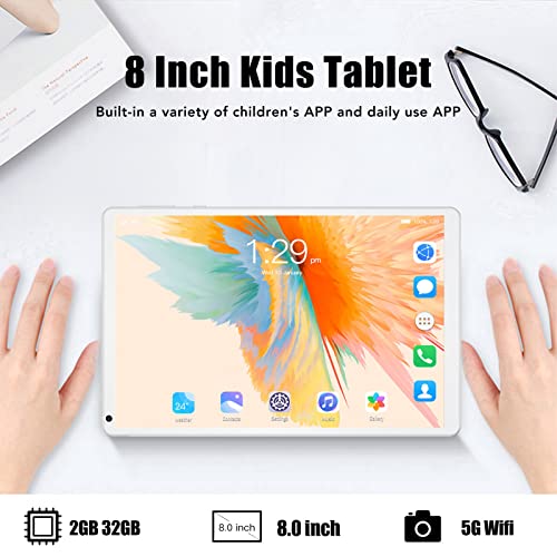 ASHATA 8inch Kids Tablet for Android 10, 2GB RAM 32GB ROM, 5G WiFi Dual Band 3G Net Toddler Tablet, Parental Control, Octa Core CPU, HD IPS Screen, Bluetooth, Low Blue Light Technology(White)