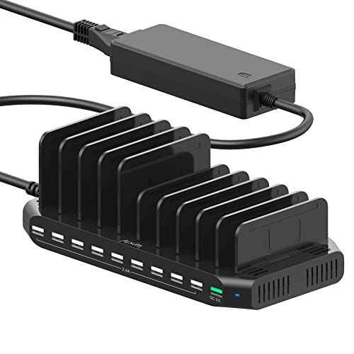 Alxum USB Fast Charging Station with Quick Charge 3.0, 10 Port Charging Stand for Multiple Devices, Compatible with iPad, iPhone, Samsung Galaxy, Black
