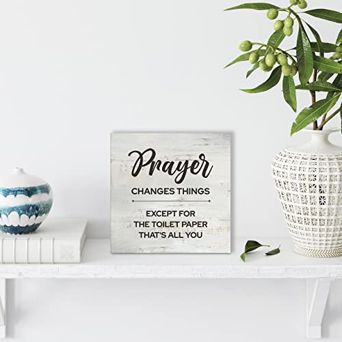 Bathroom Quote Prayer Changes Things Toilet Paper Wood Box Sign Rusitc Farmhouse Bathroom Restroom Desk Shelf Decor (5 X 5 Inch)