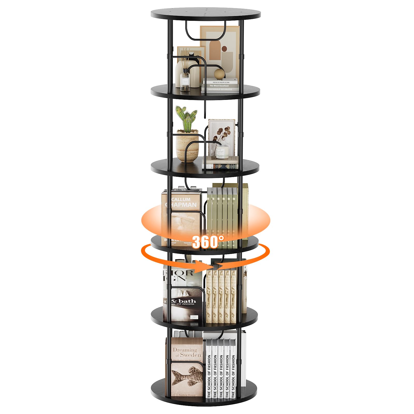 ALLSTAND 5 Tier Rotating Bookshelf, 360 ° Display Stackable Spinning Bookshelf Tower, Corner Bookshelf Tall Floor Standing Swivel Bookcase Narrow Storage Organizer for Bedroom, Living Room, Black