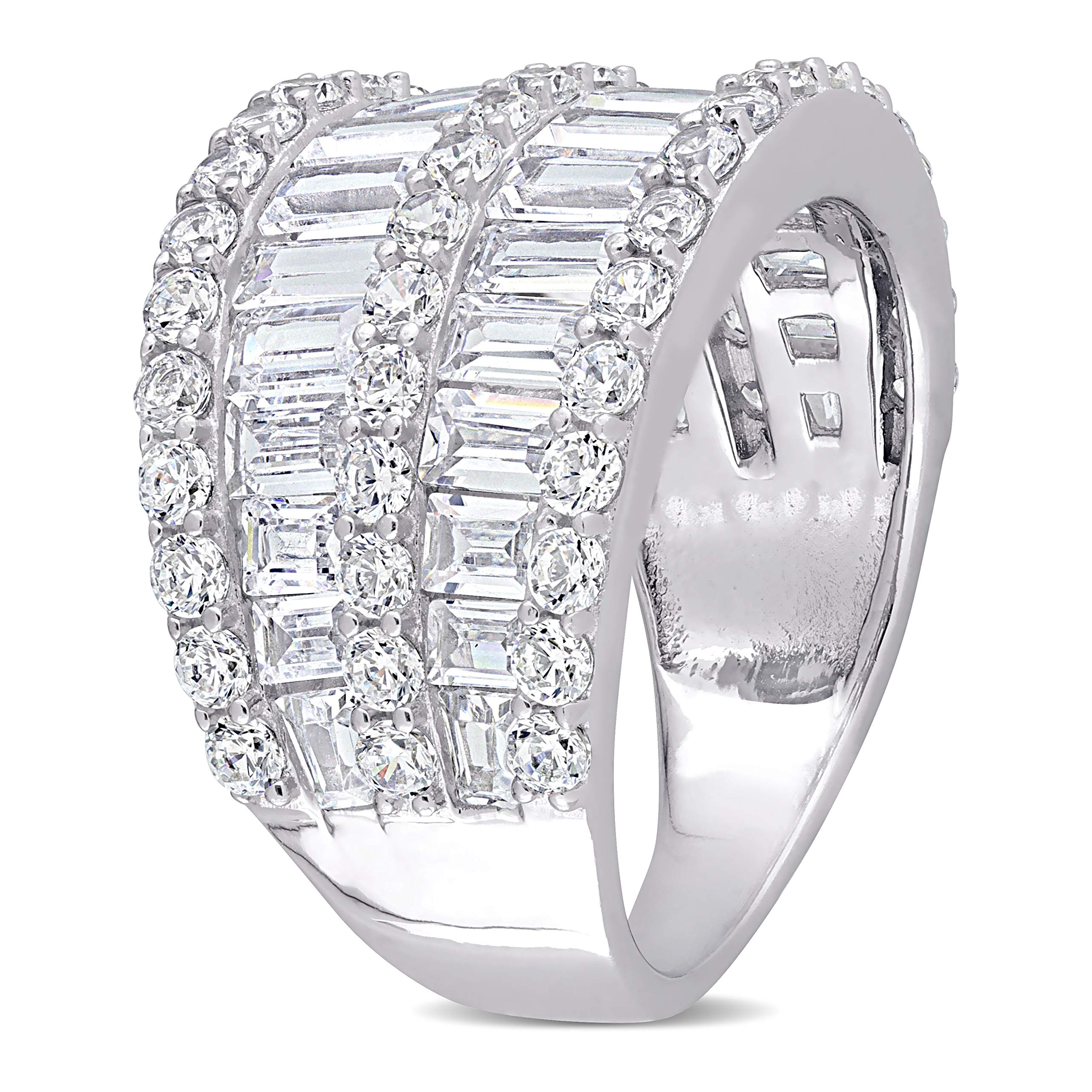 Abbie+Cleo Baguette and Round Cubic Zirconia Double Row Band Ring in Rhodium Flash Plated Sterling Silver, Size 7